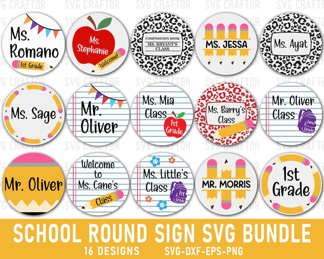Personalized Teacher Round Sign SVG Bundle, School Door Hanger (digital ...