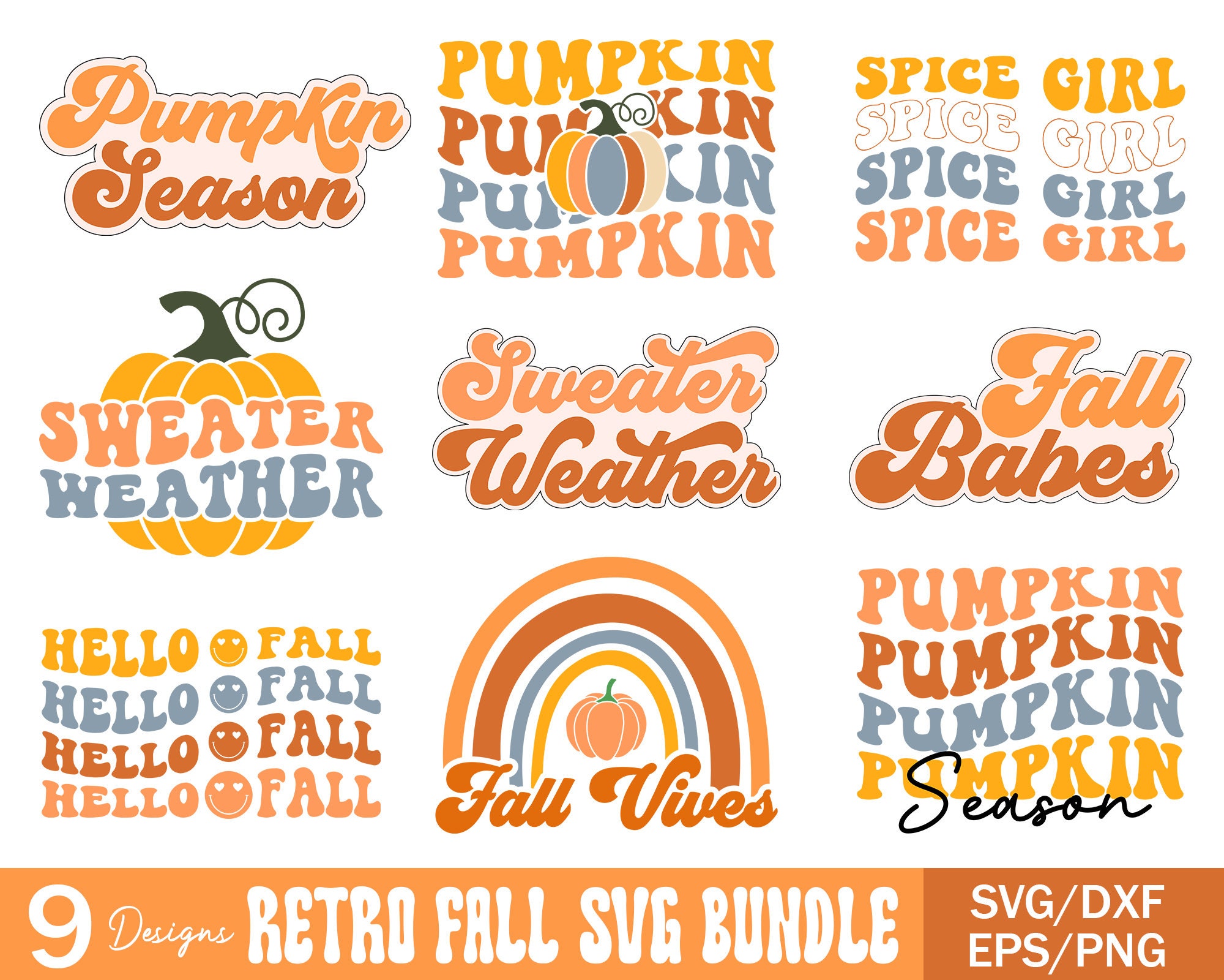 Retro Fall SVG Bundle, Pumpkin Season, Autumn Designs (digital Download ...