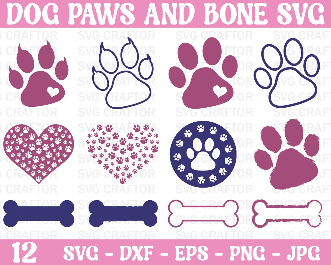Dog Paw Svg Png Dxf, Bone Svg Png Dxf, Dog Svg, Dog Paw Heart Shape ...