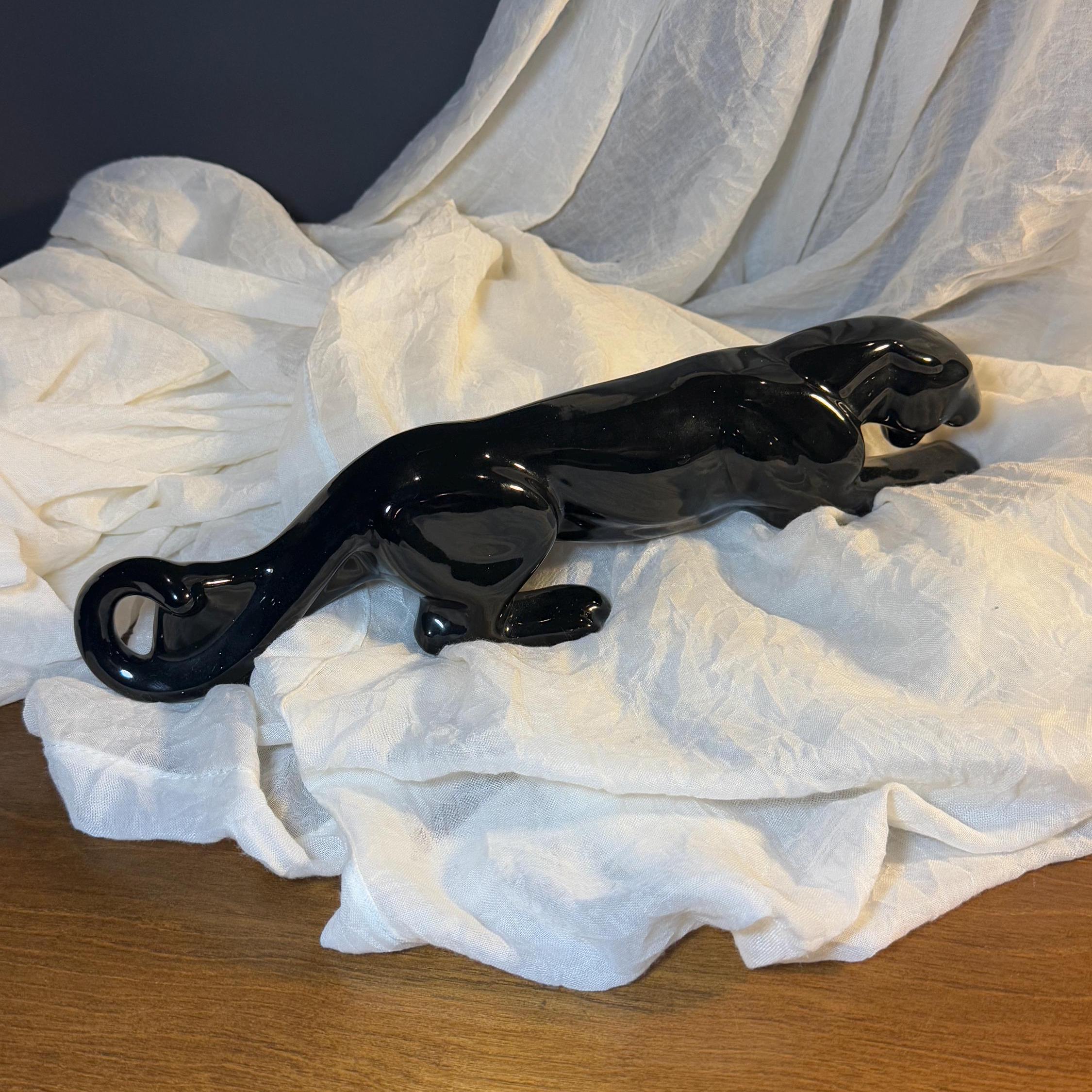 Vintage Mid-century Black Ceramic Panther Figurine - Sleek 16" Art Deco ...