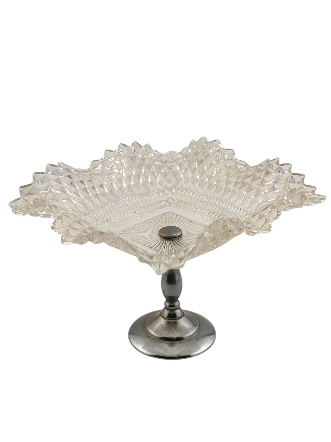Early Diamond Pressed Glass Pedestal Dish With Metal Base – Elegant ...