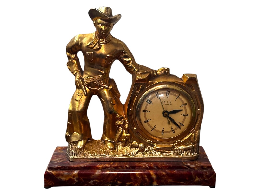 Vintage United Cowboy Clock With Marbled Base, Non-working Western ...