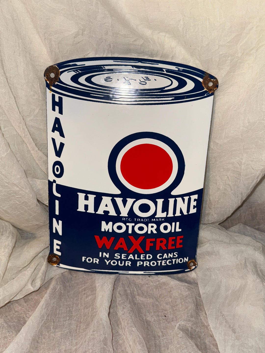 Vintage Havoline Porcelain Sign – Texaco Waxfree Motor Oil Can Design ...