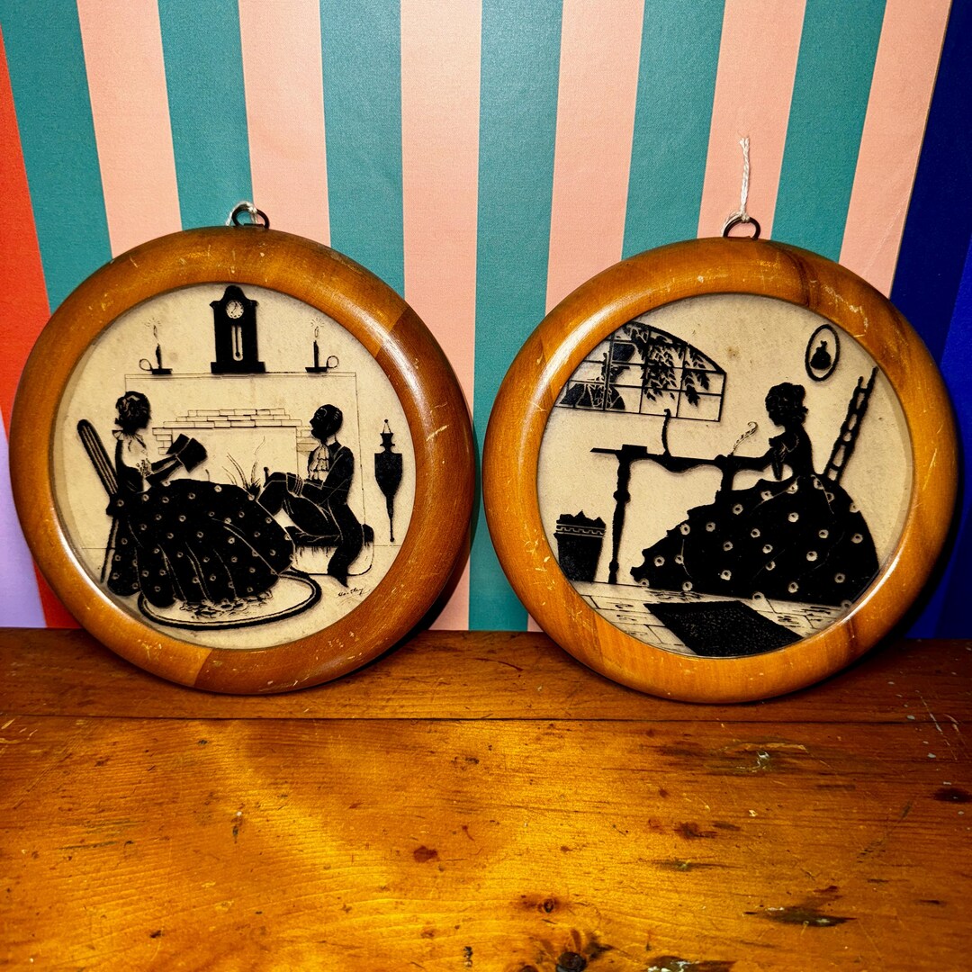 Vintage Mid-century Silhouette Wall Art Pair – Wood Frames – Colonial ...
