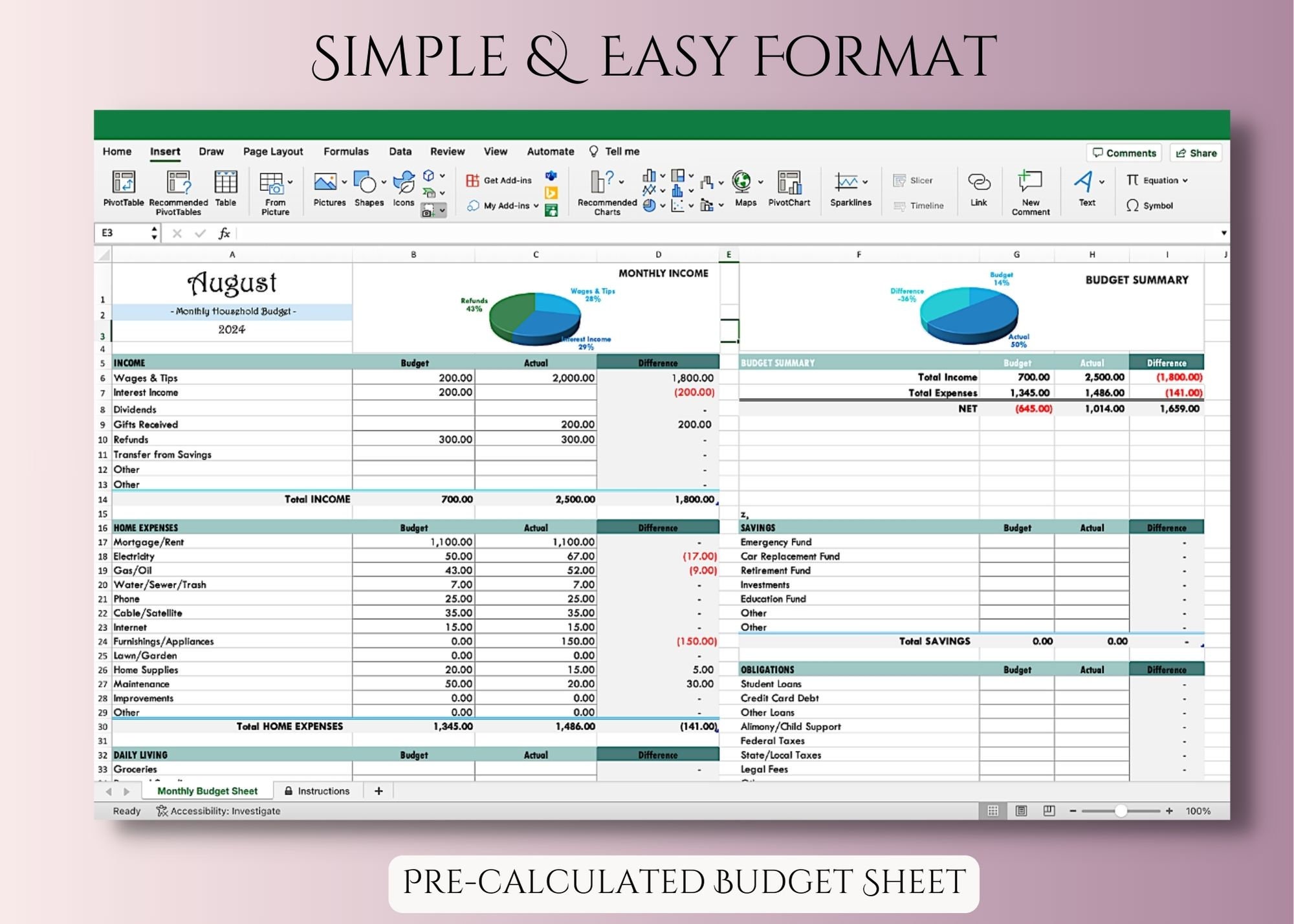 Monthly Budget Spreadsheet Template for Excel Budget Sheet - Etsy