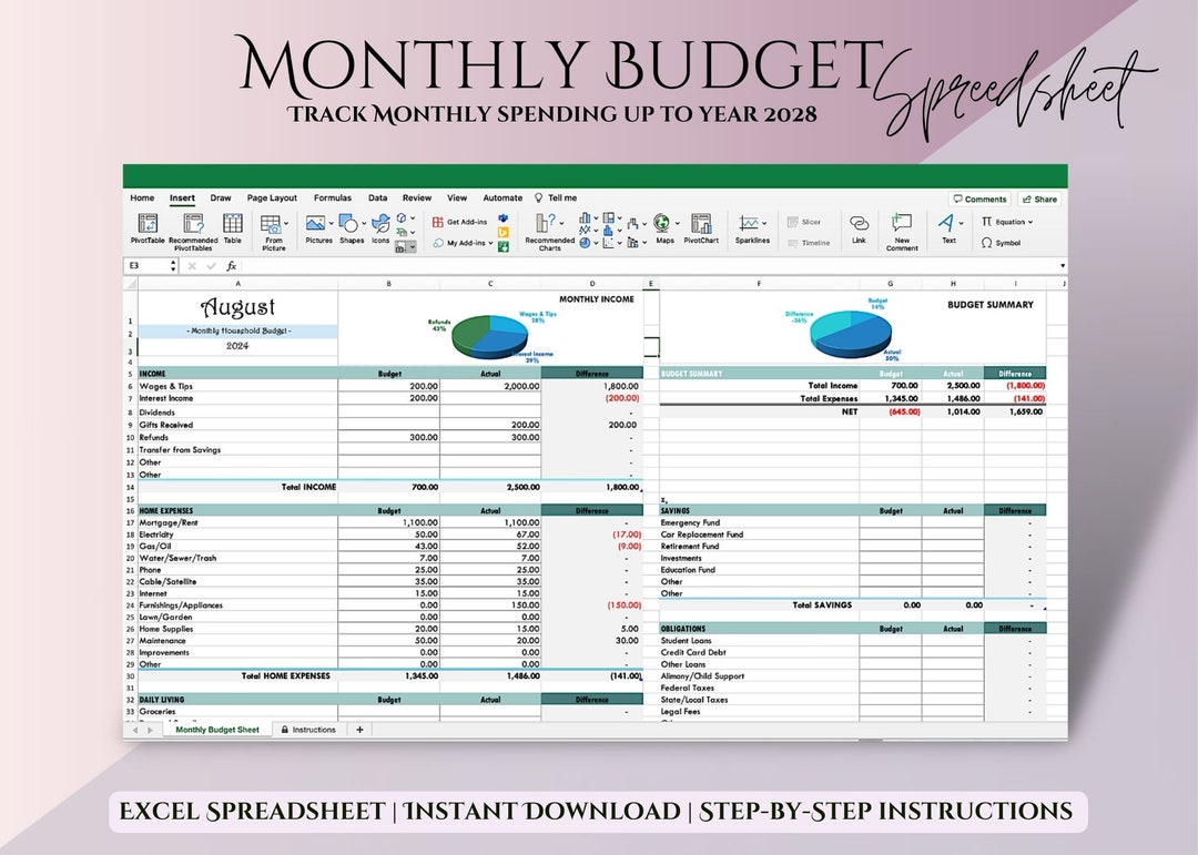Monthly Budget Spreadsheet Template for Excel, Budget Sheet, Budget ...