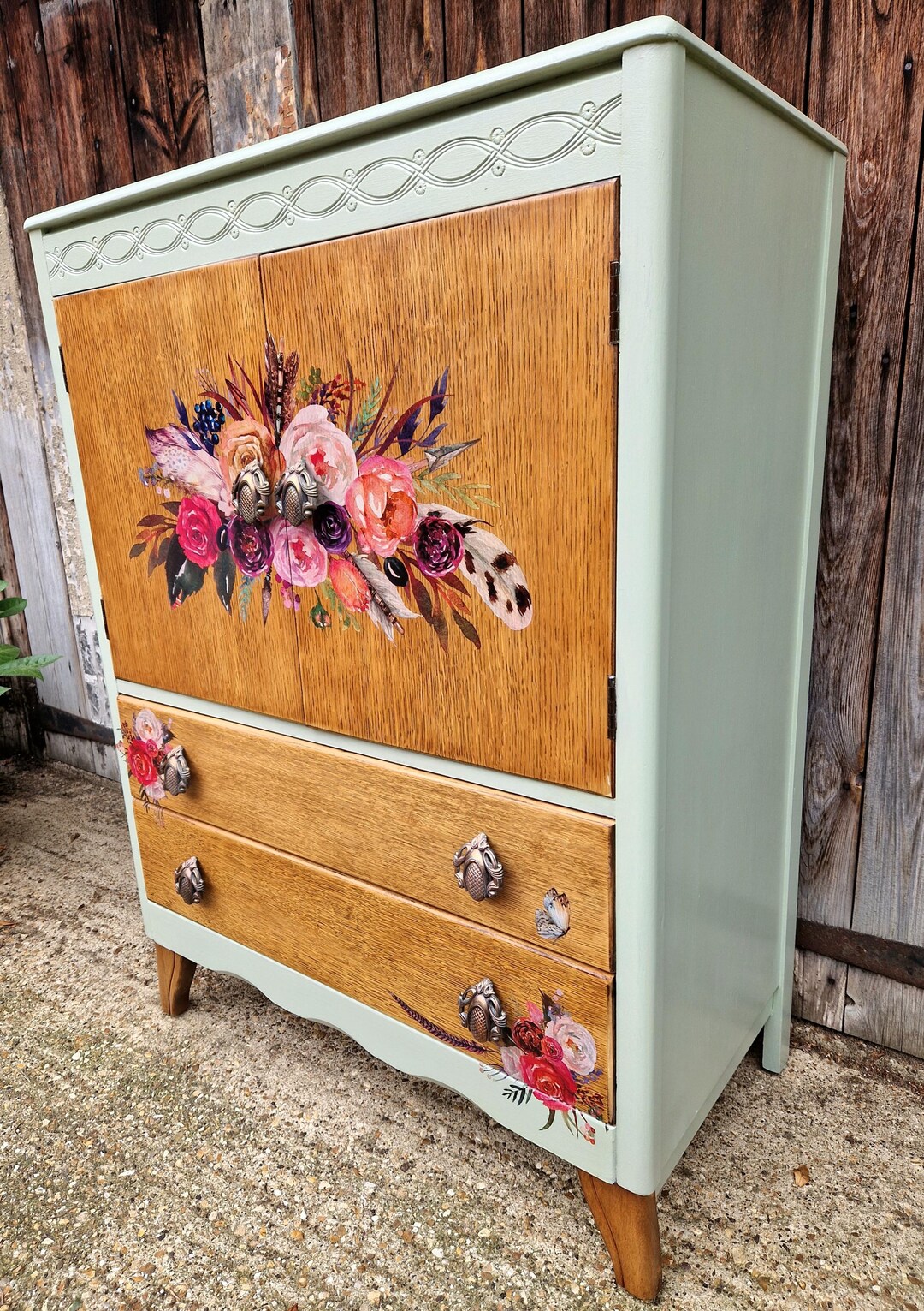 Sage Green Linen Cupboard Solid Wood Mid Century Floral Design - Etsy UK