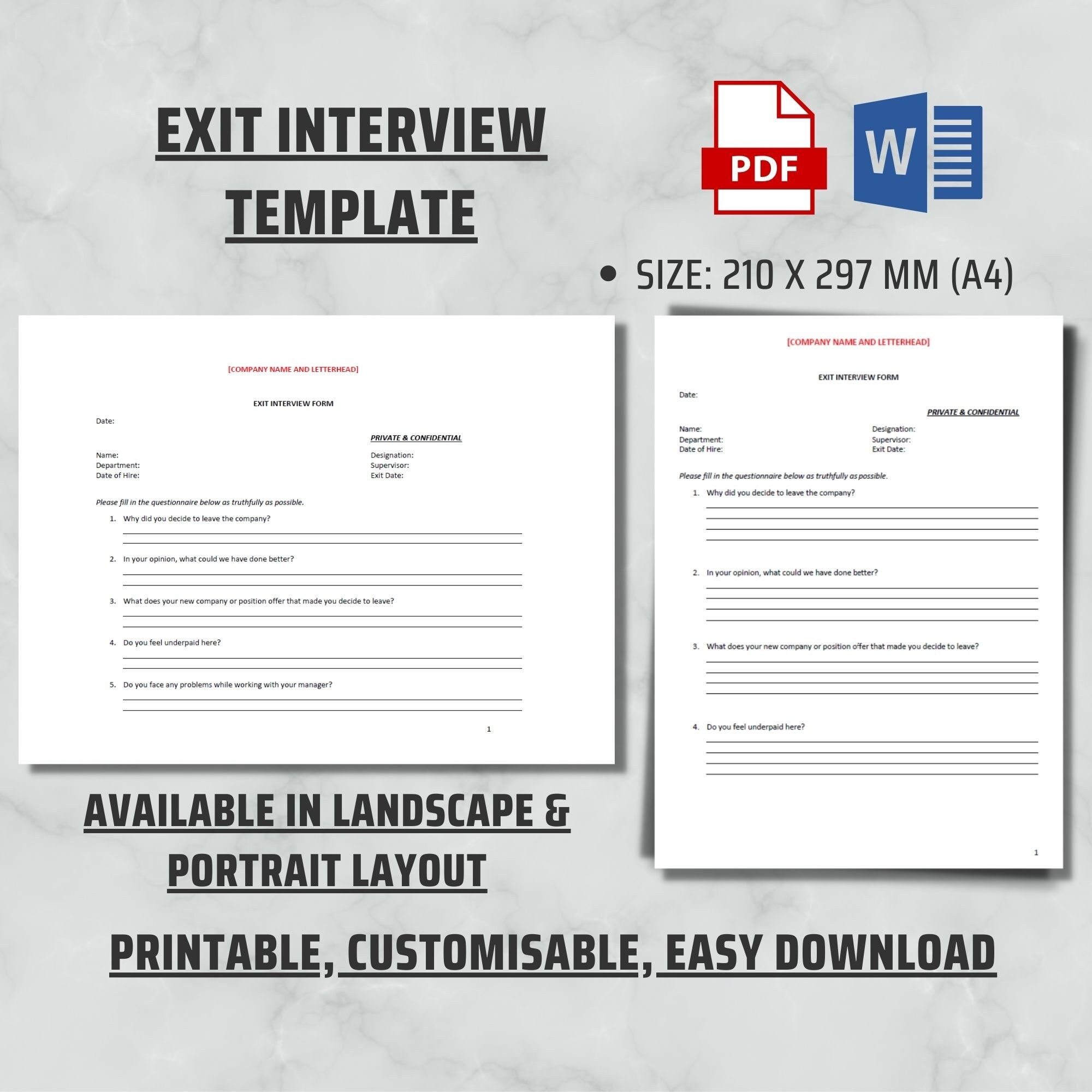 Exit Interview Template Word and PDF Template for Employer - Etsy