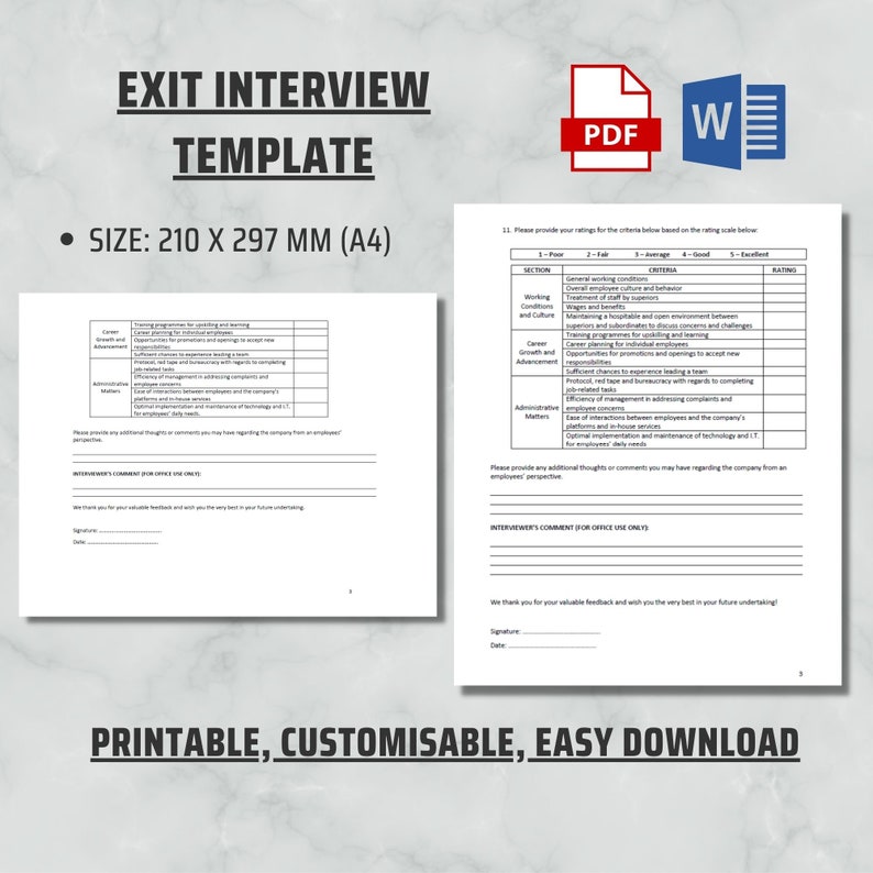 Exit Interview Template Word and PDF Template for Employer - Etsy