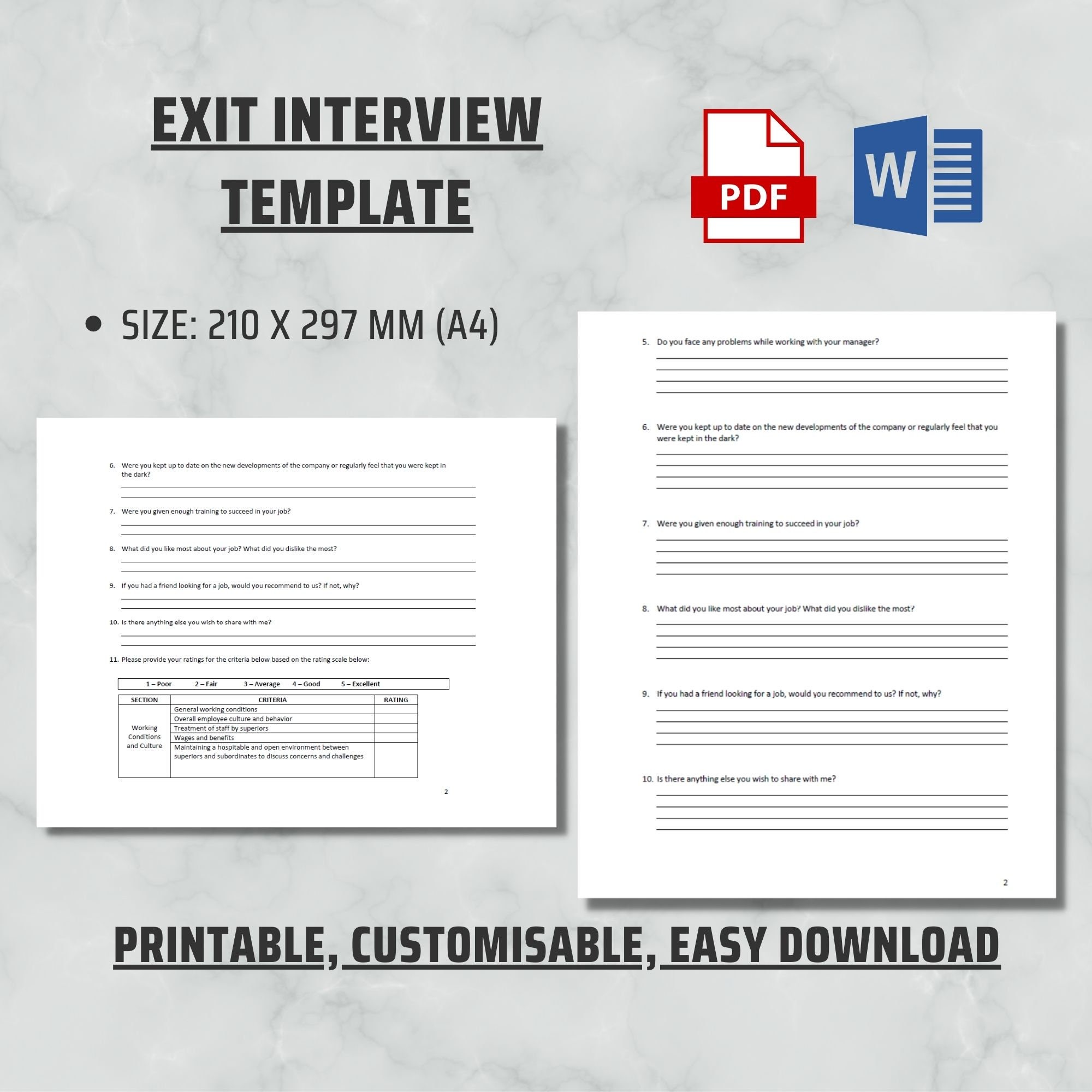 Exit Interview Template Word and PDF Template for Employer - Etsy