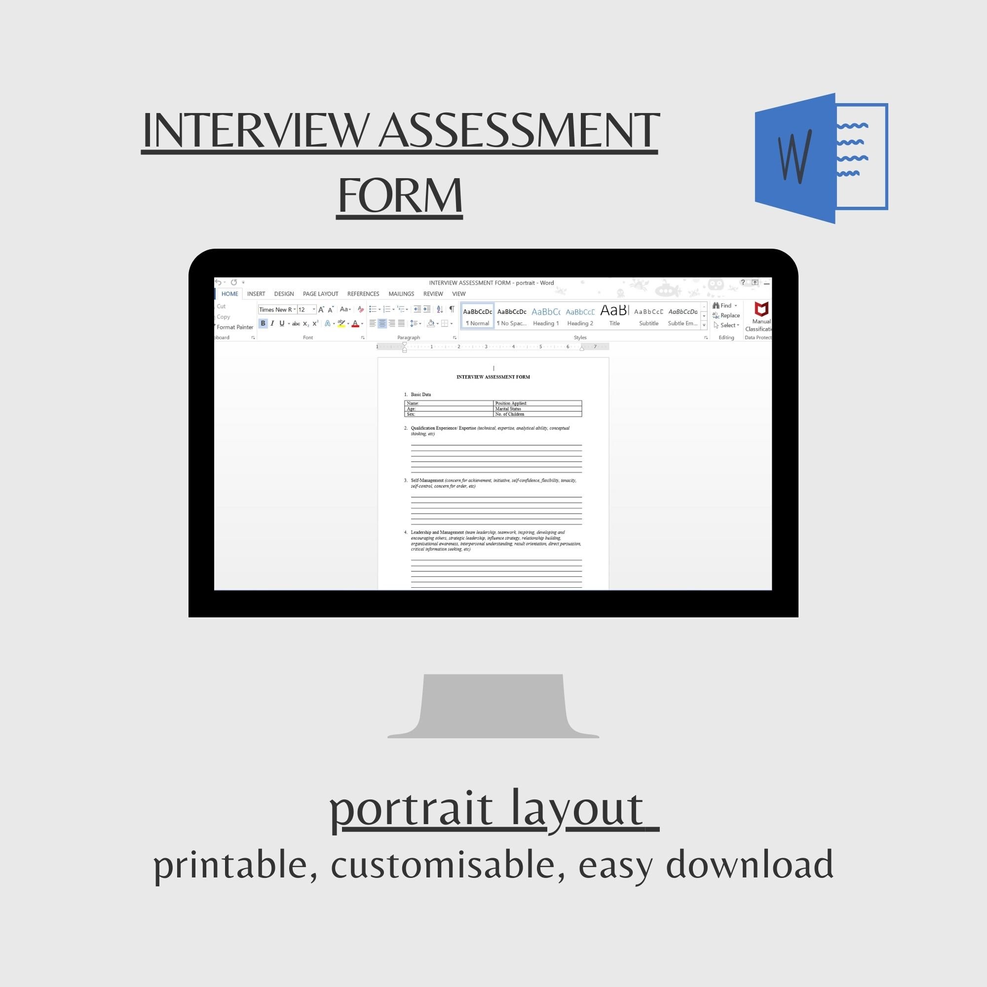 Interview Assessment Form, Editable in MS Word, HR Interview Evaluation ...