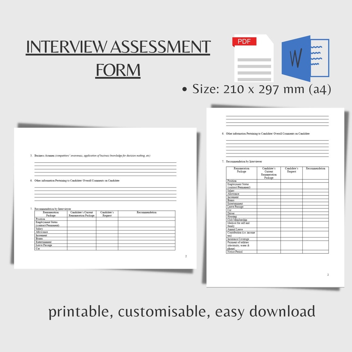 Interview Assessment Form, Editable in MS Word, HR Interview Evaluation ...
