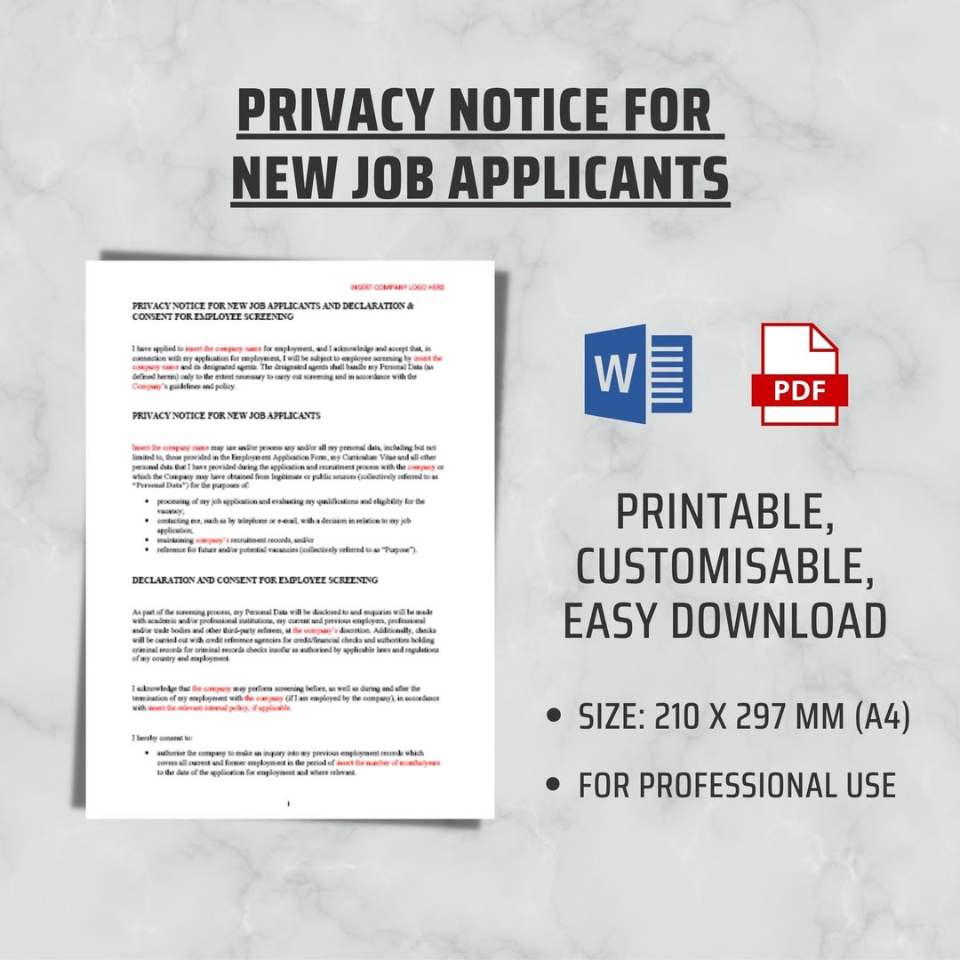 Privacy Notice for New Job Applicants in Editable in Word Document ...