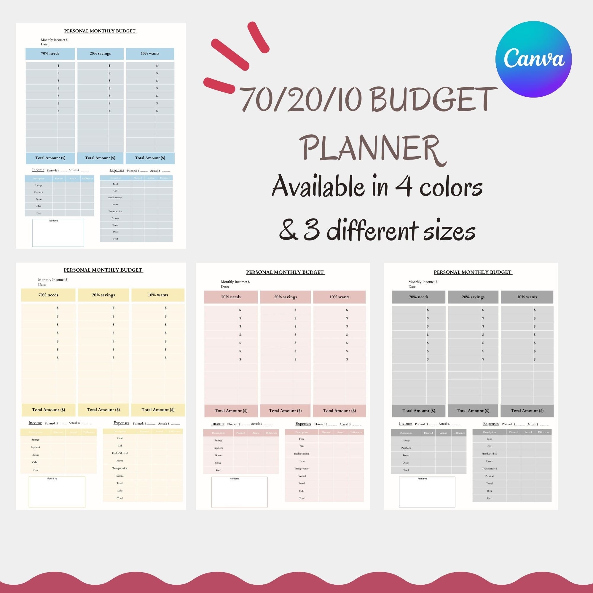 70 20 10 Budget Planner, Budget Printable Template, ,monthly Budget ...