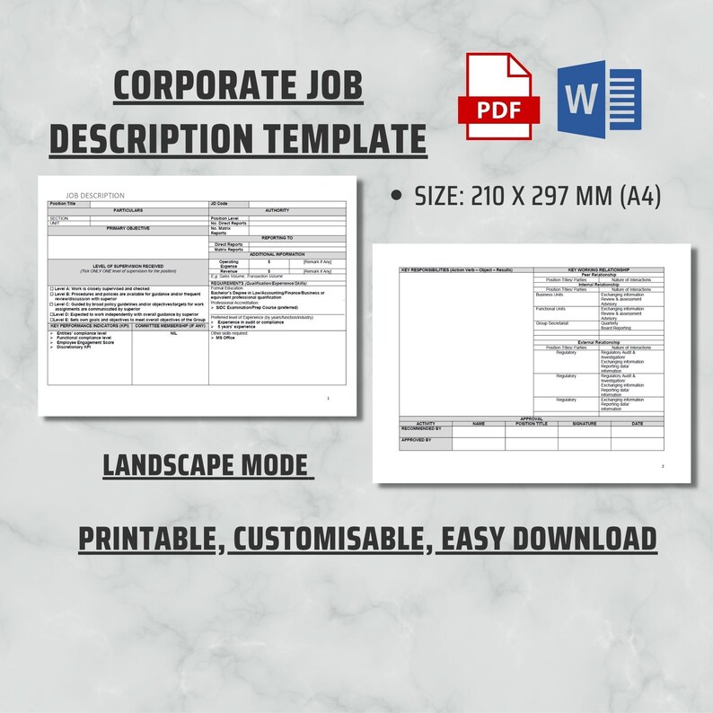 Editable Company Job Description Template, MS Word & PDF (A4) - Etsy