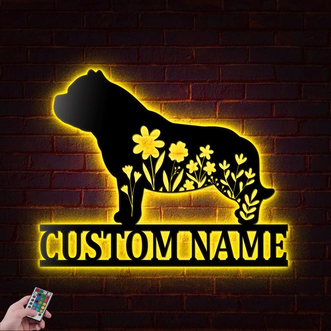 Custom American Bully Dog Flower Metal Wall Art With Led Lights ...