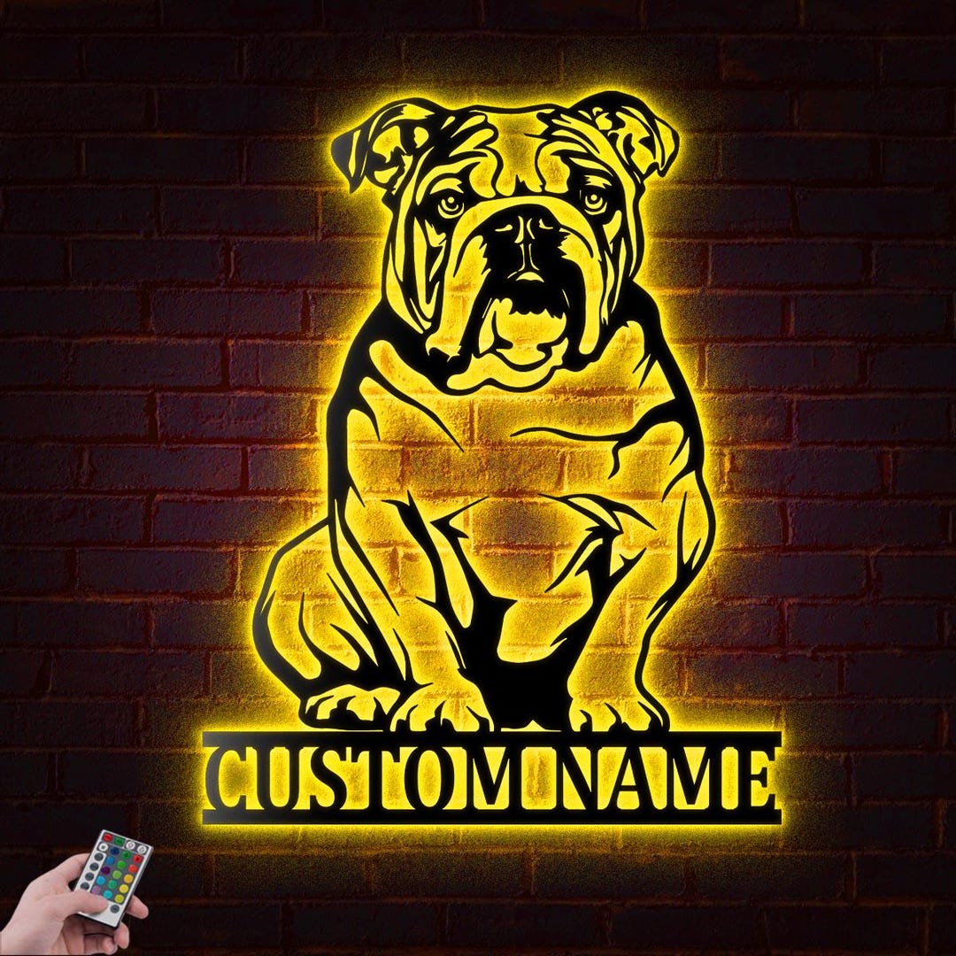 Custom English Bulldog Dog Sit Wall Art With LED Lights, Personalized ...