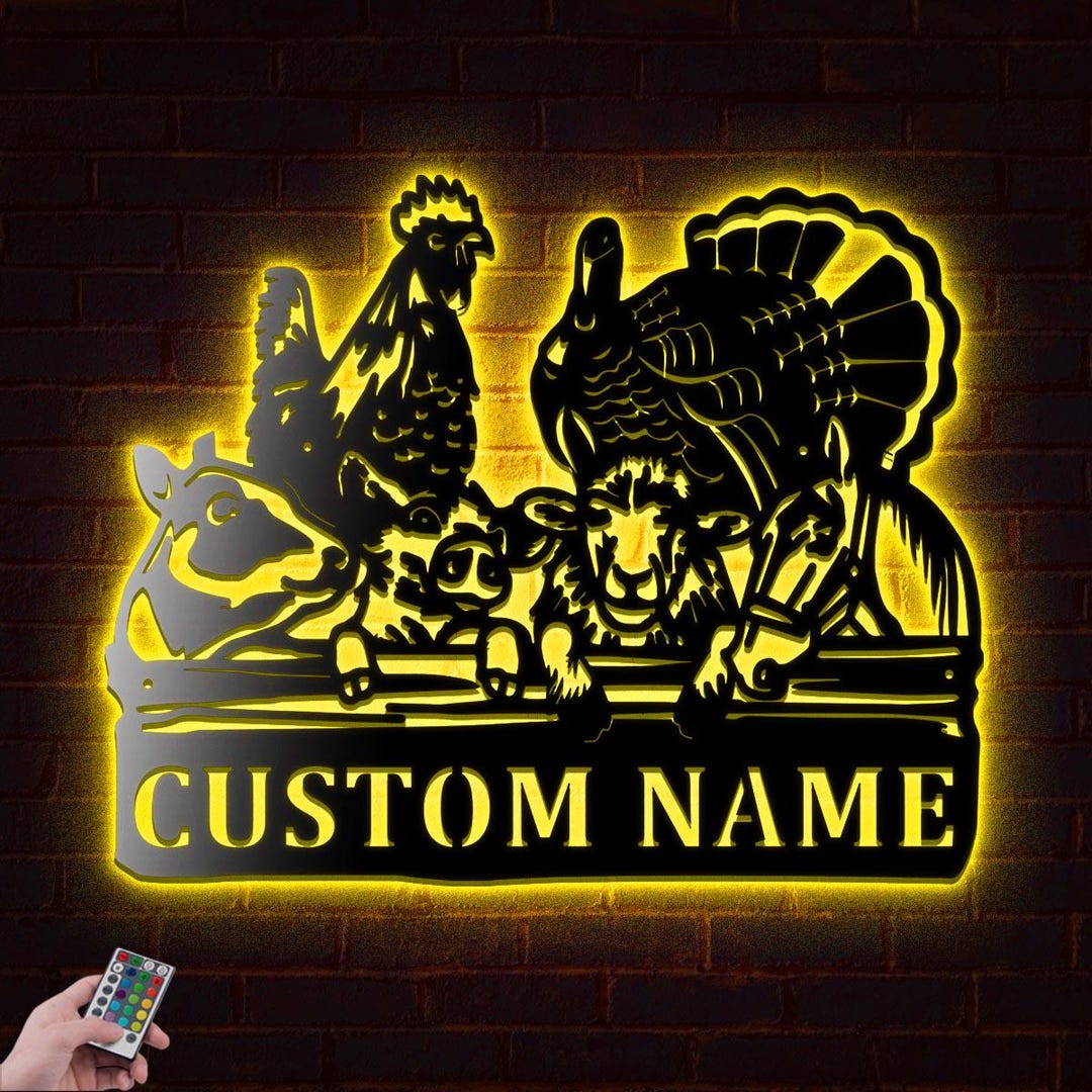 Custom Farm Animals Led Lights Metal Wall Art, Personalized Farm Name ...