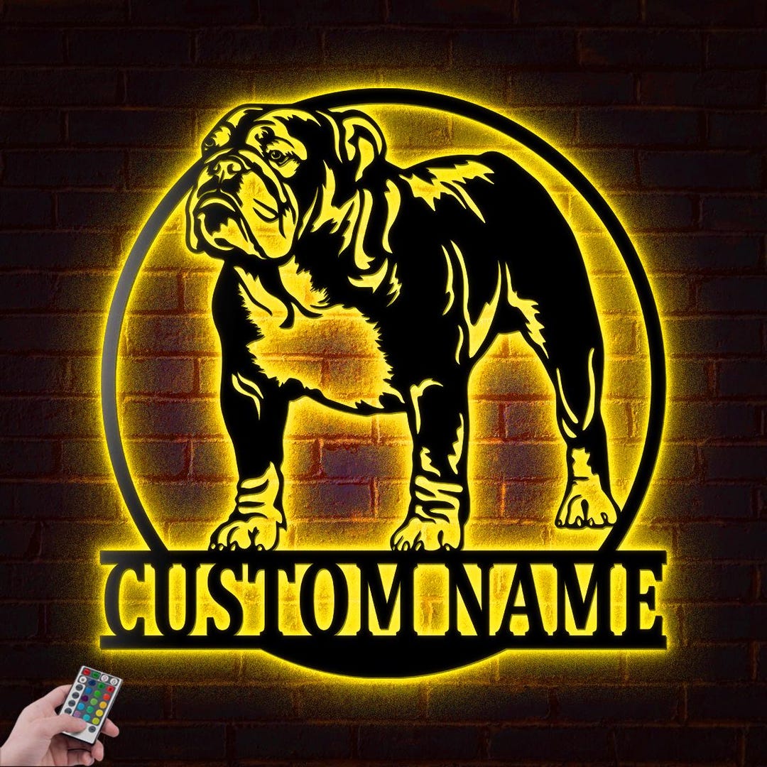 Custom British Bulldog Stand Metal Wall Art LED Light Personalized ...