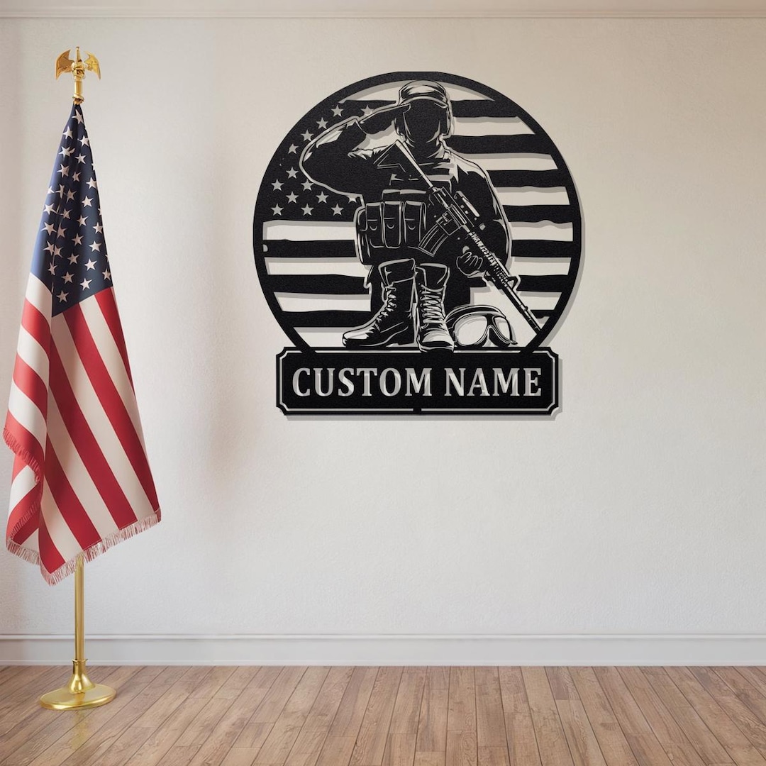 Custom US Veteran Salute Metal Wall Art LED Light Personalized American ...