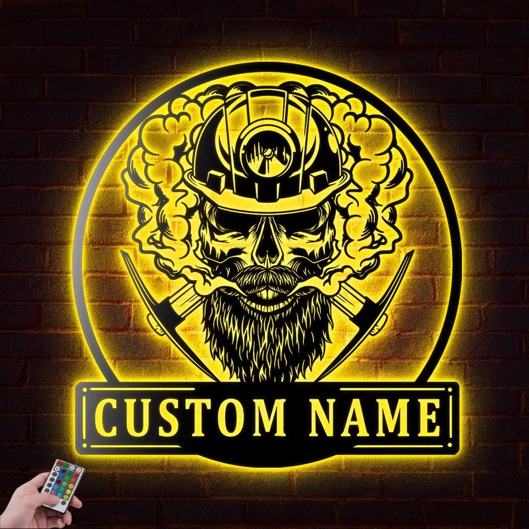 Custom Miner Skull Metal Wall Art With Led Lights Personalized Mining ...