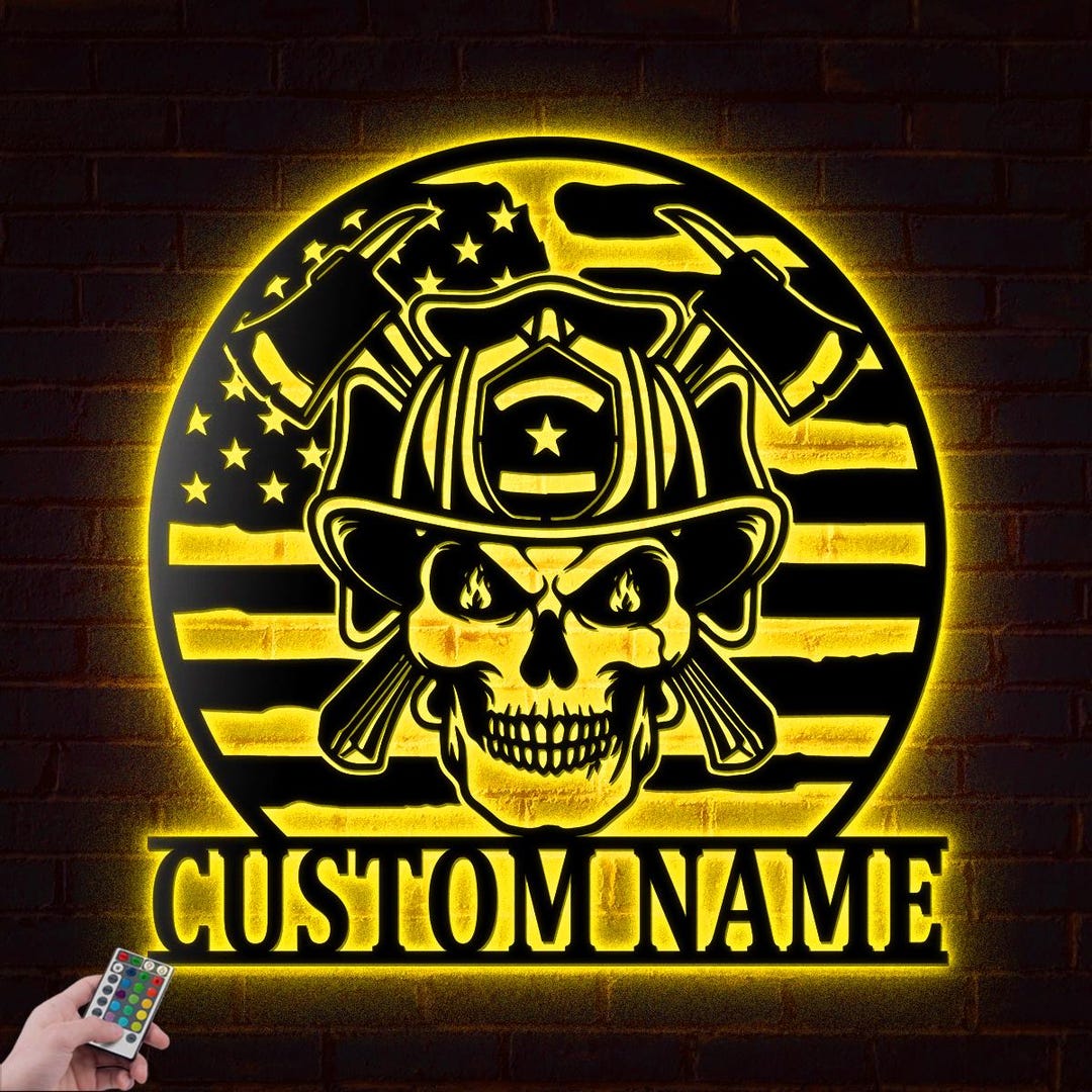 Custom US Fire Fighter Skull Metal Wall Art With Led Light ...