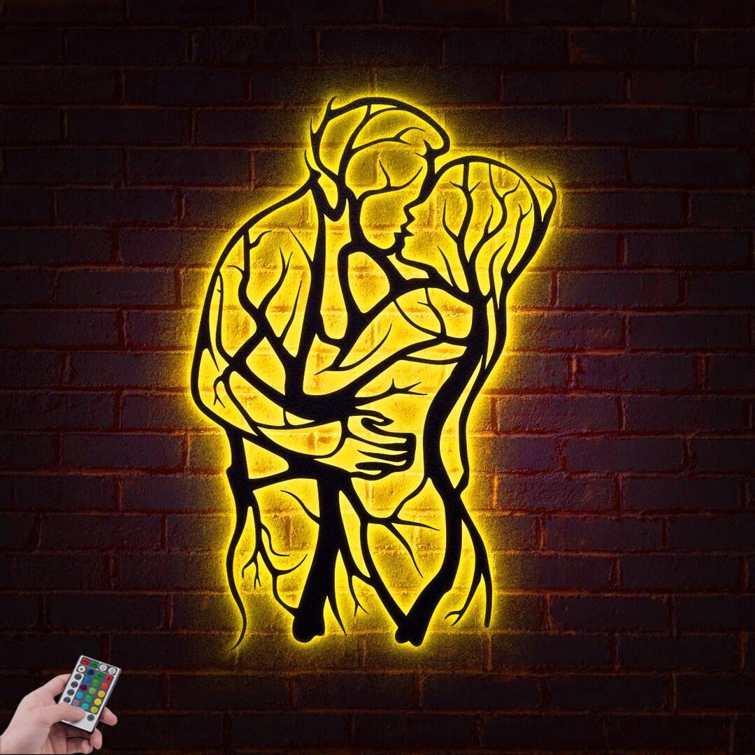Kissing Couple Metal Wall Art Led Light, Romantic Embrace Decor, Tree ...