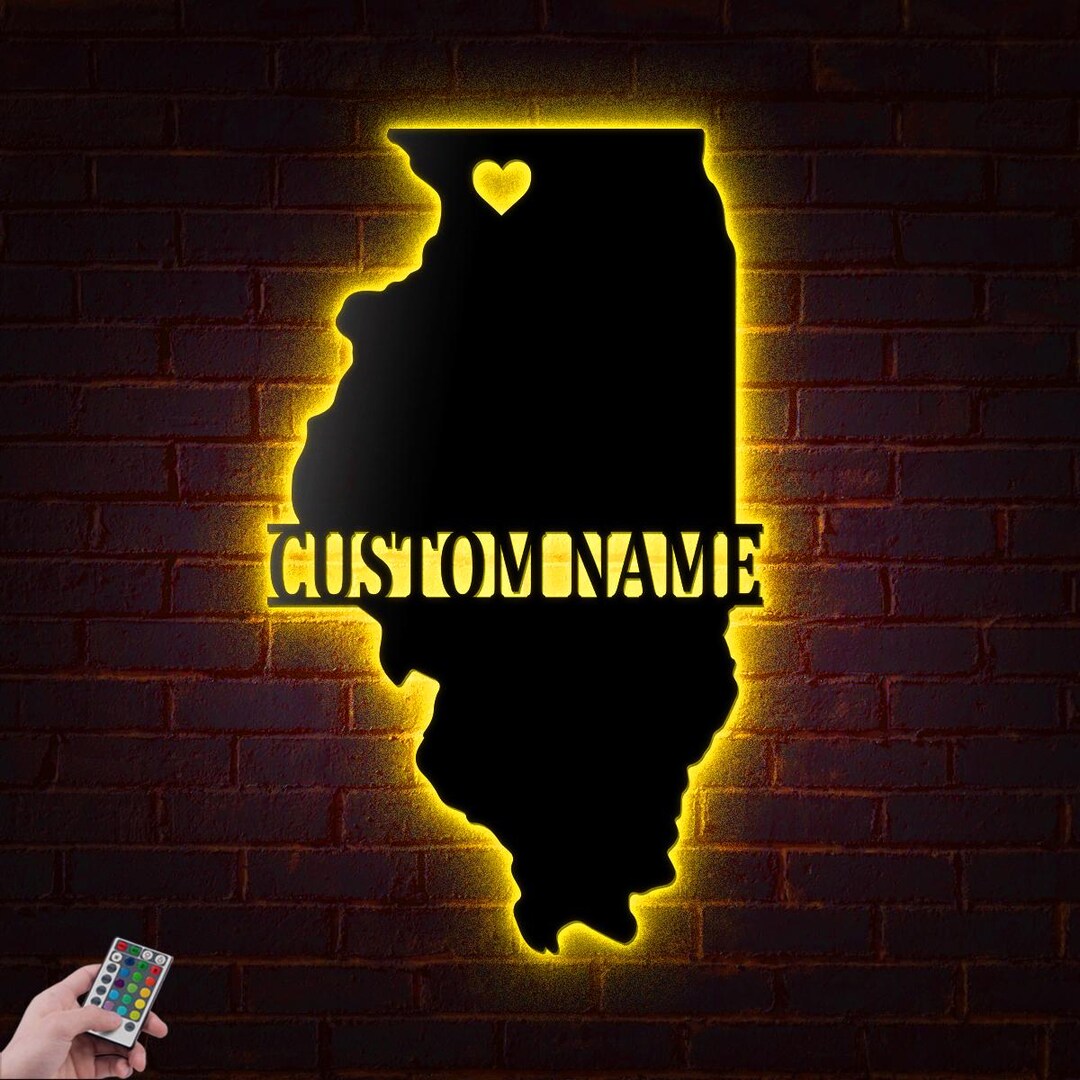 Custom Illinois State Metal Wall Art With LED Light, Personalized ...