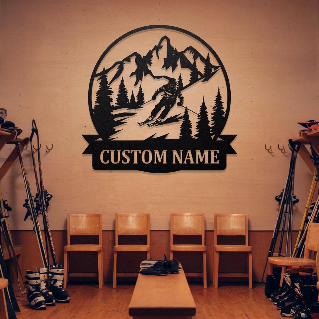Custom Skier Mountain Monogram Metal Wall Art With Led Lights ...