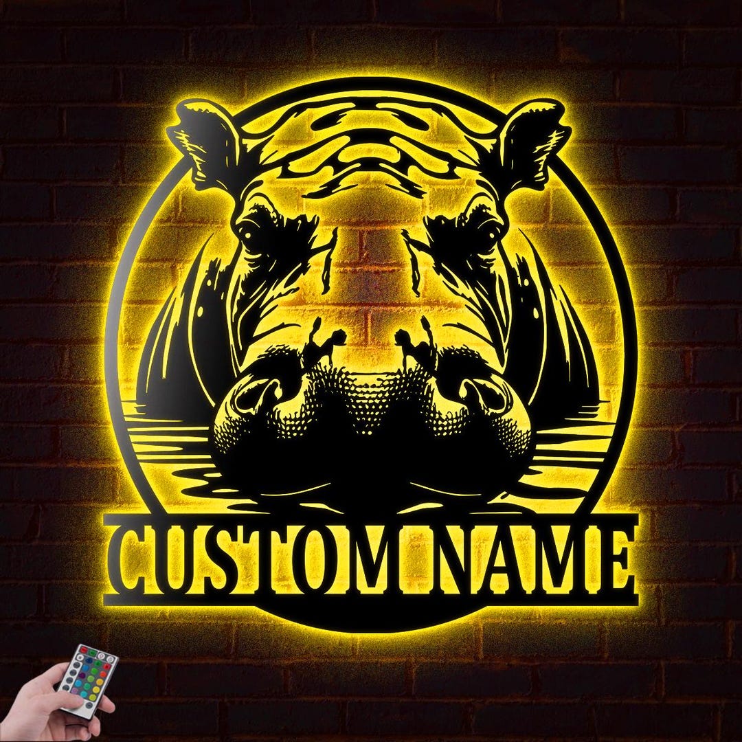 Custom Hippo Head Metal Wall Art LED Light Personalized Cute Hippo Name ...