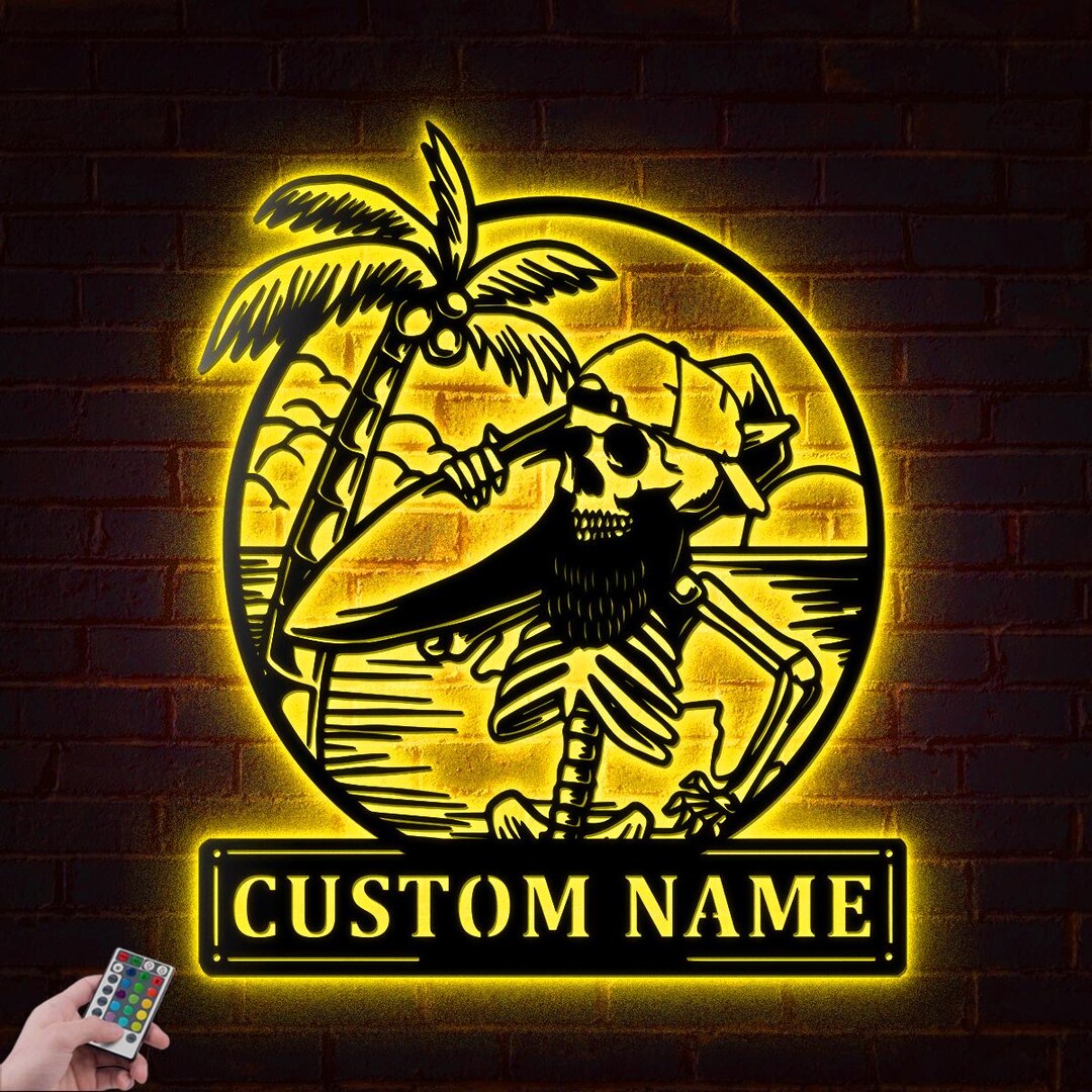 Custom Surfing Skeleton Metal Wall Art Led Light Personalized Surfer ...