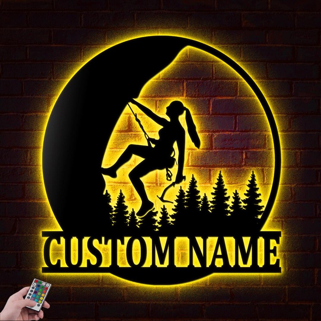 Custom Woman Climbing Metal Wall Art LED Light Personalized Climber ...