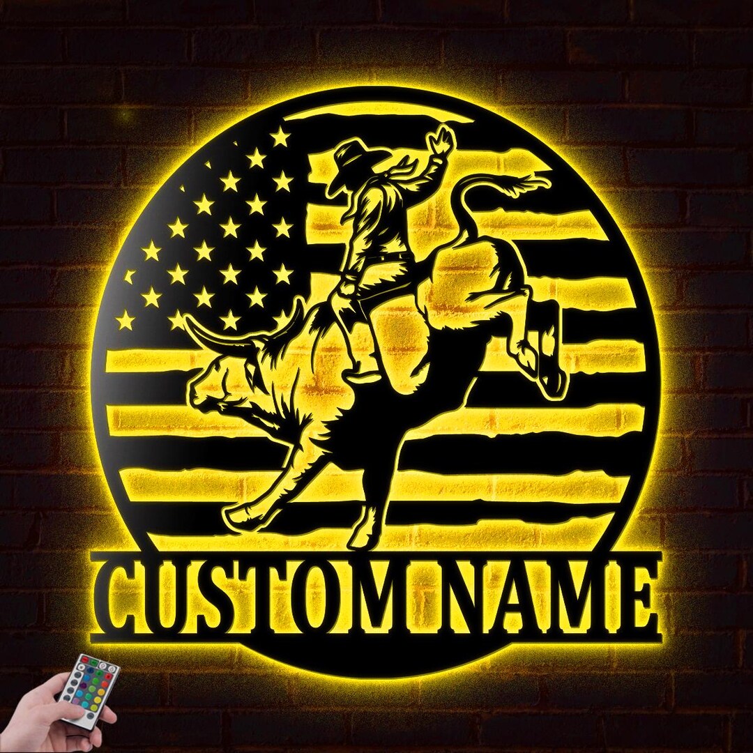 Custom Us Bull Rider Metal Wall Art With LED Light, Personalized Rodeo ...