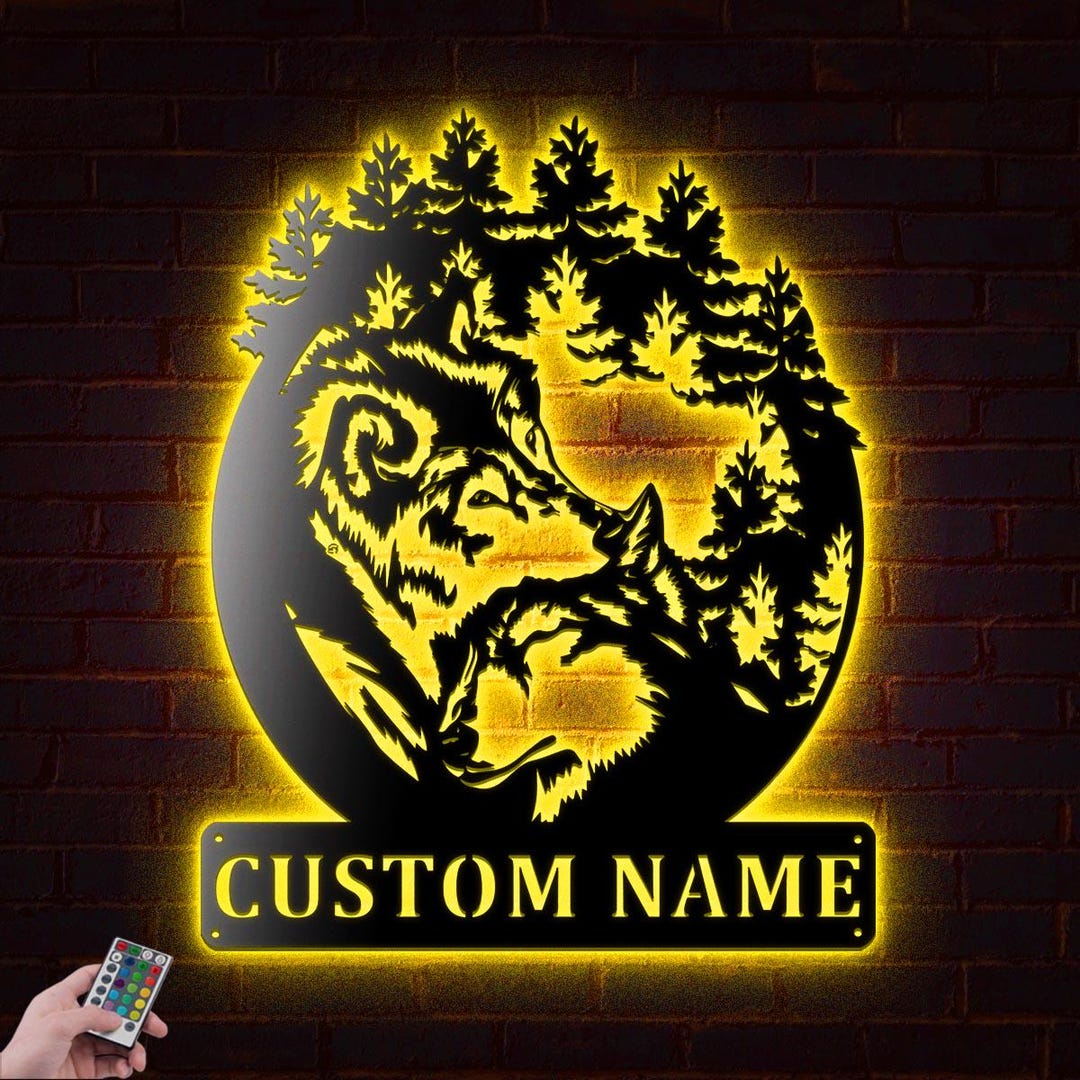 Custom Wolf Metal Wall Art With Led Lights, Personalized Wolves Name ...