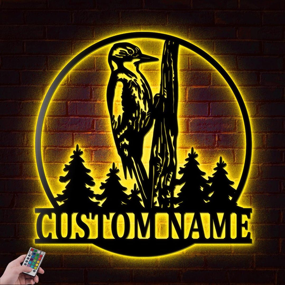 Custom Bird Woodpecker Metal Wall Art LED Light Personalized Woodpecker ...