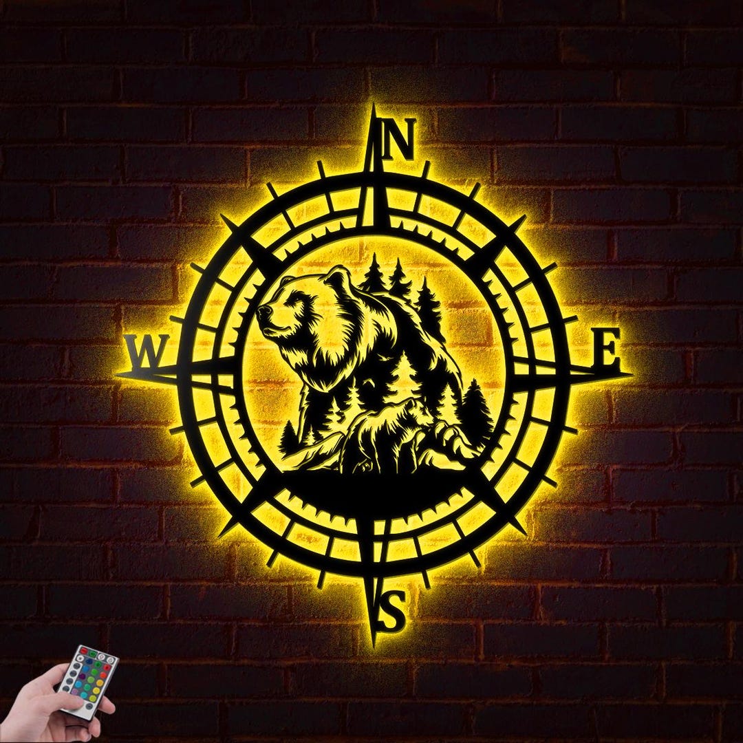 Black Bear Compass Compass Metal Wall Art LED Light Bear Mountain Metal ...