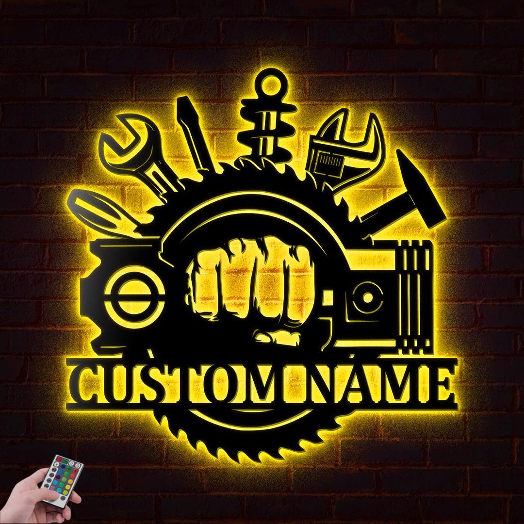 Custom Car Mechanic Garage V2 Metal Wall Art Led Light, Personalized ...