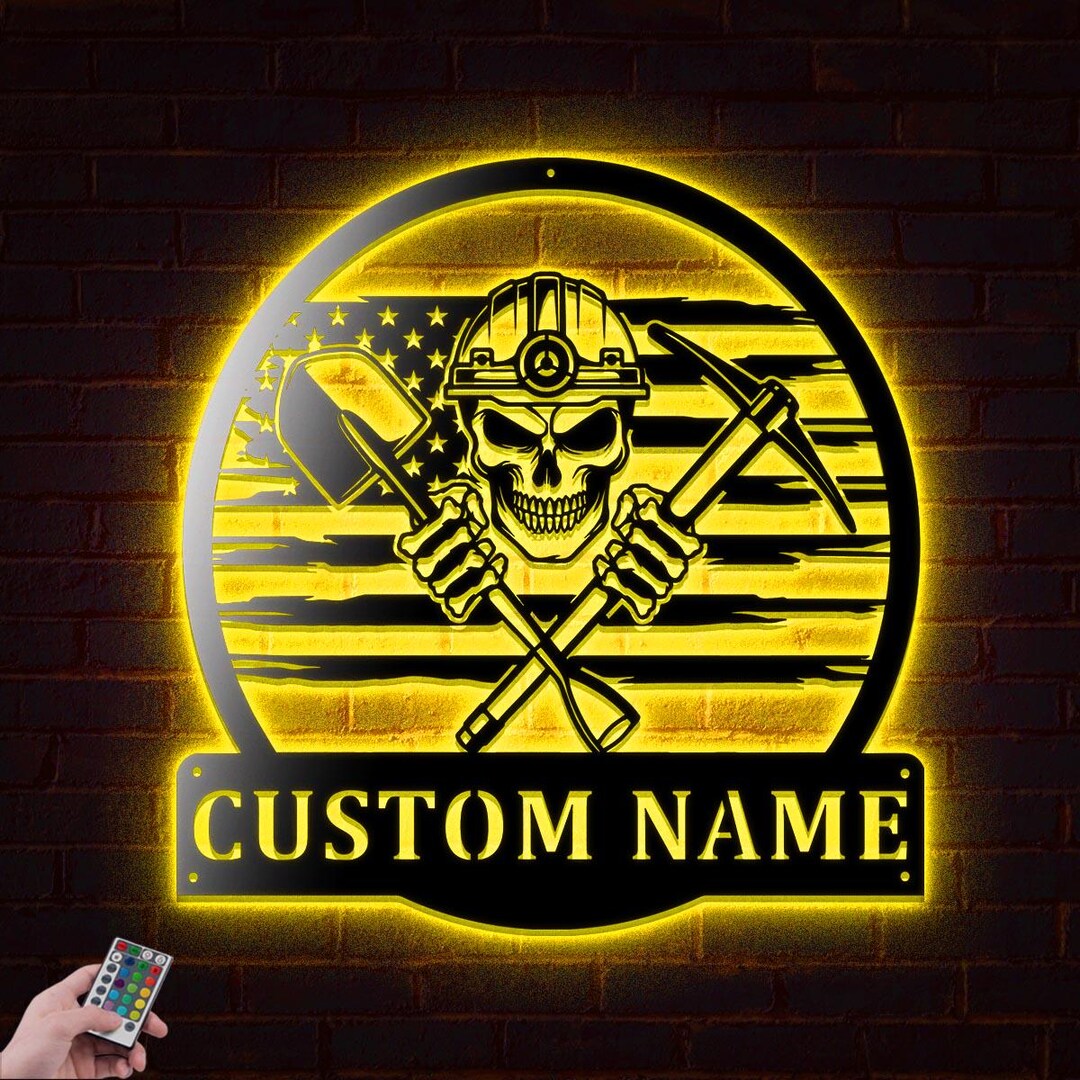 Custom US Coal Miner Skull Metal Wall Art With LED Lights Personalized ...
