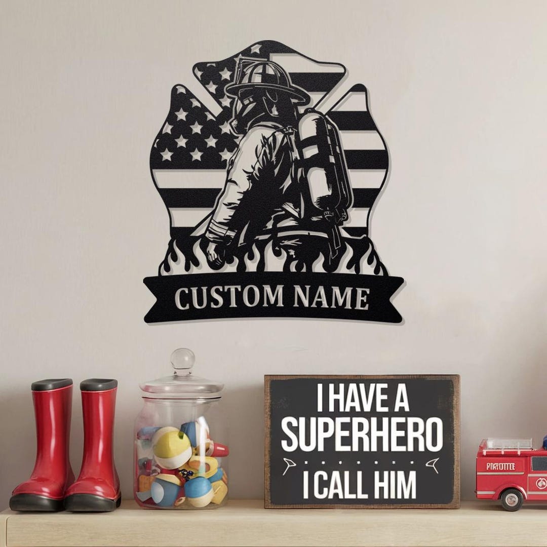 Custom Firefighter Metal Wall Art LED Light, Personalized Fireman Name ...