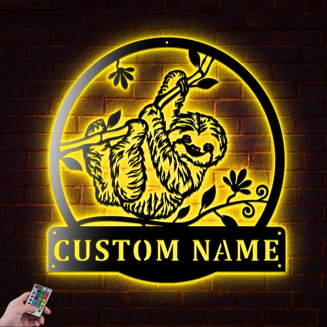 Custom Cute Sloth Led Lights Metal Wall Art, Personalized Sloth Name ...