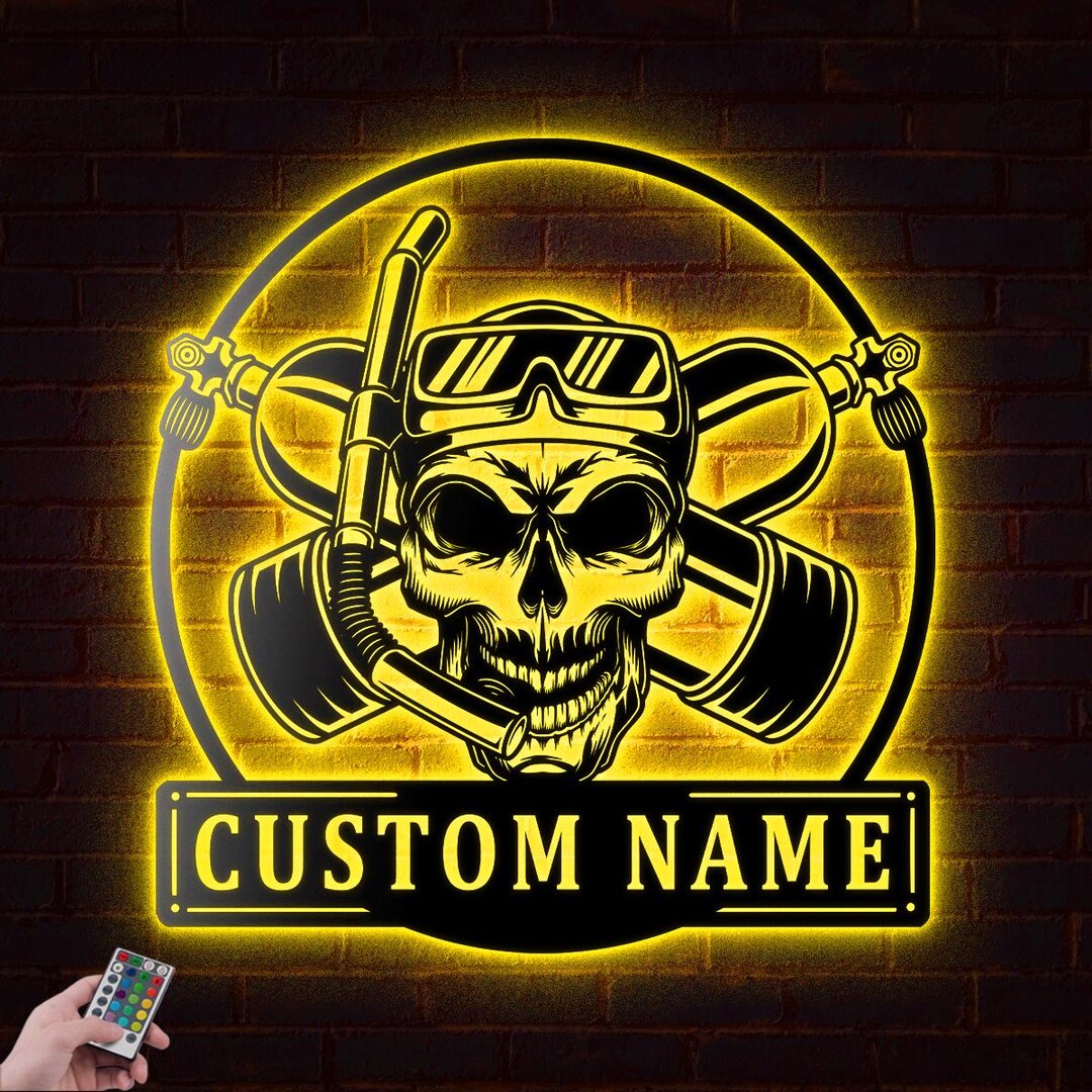 Custom Diver Skull Metal Wall Art With Led Lights Personalized Scuba ...