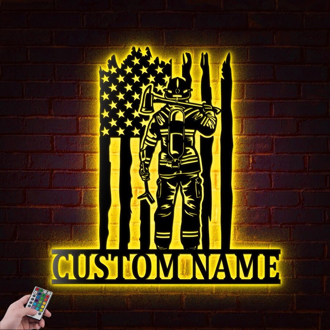 Custom US Fire Fighter V2 Metal Wall Art Led Lights Personalized ...