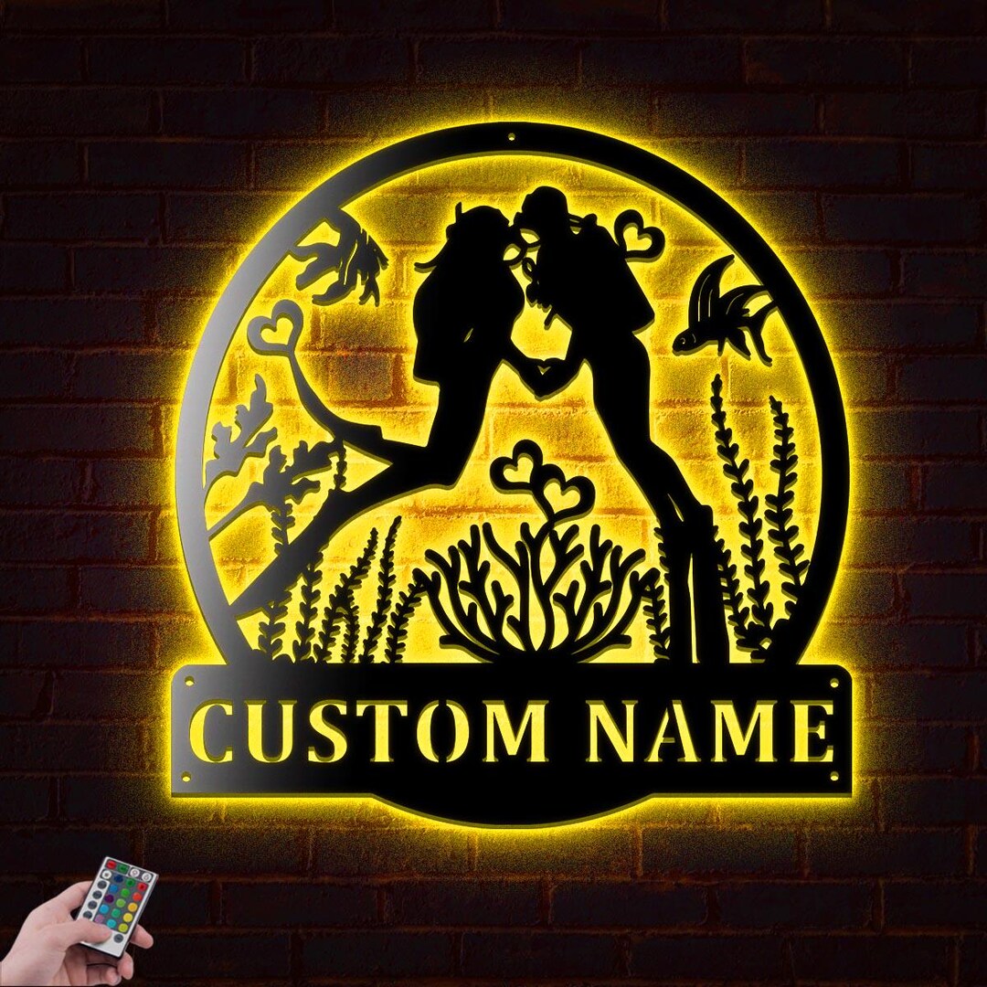Custom Couple Scuba Diving Monogram Metal Wall Art With Led Lights ...