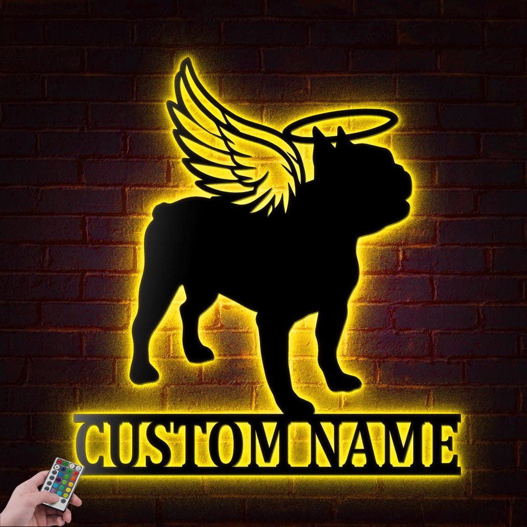 Custom Angel Bulldog Dog Memorial Metal Wall Art Led Light Remembrance ...