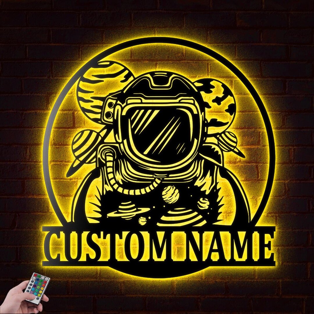Custom Astronaut Planet Metal Wall Art LED Light Personalized Cosmonaut ...