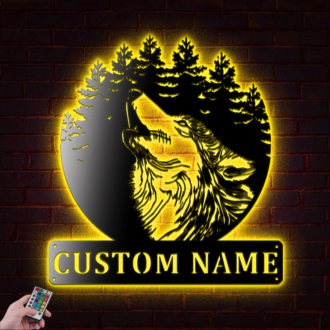 Custom Wolf Howling Metal Wall Art With Led Lights, Personalized Wolves ...