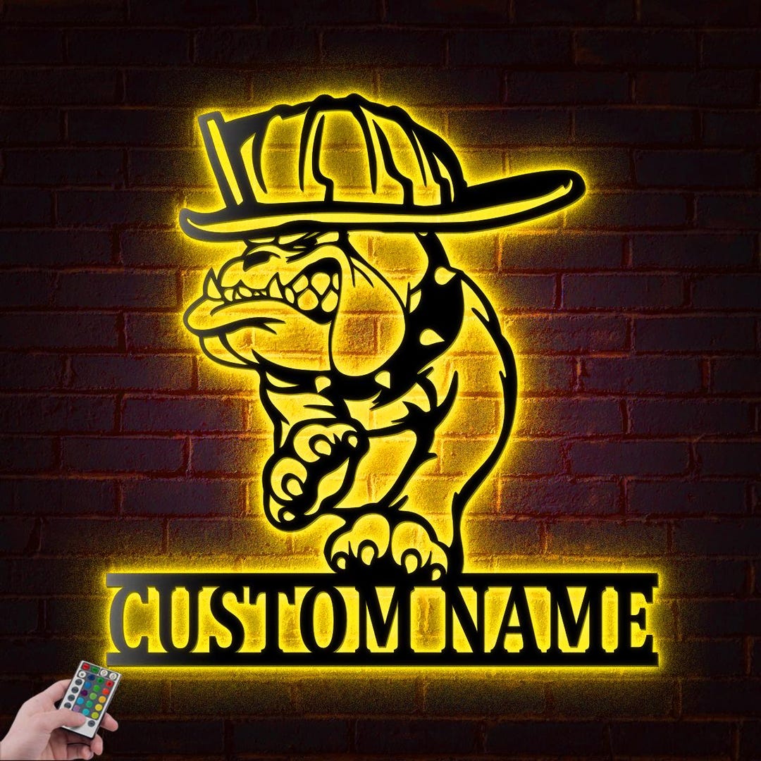 Custom Firefighter Bulldog V1 Metal Wall Art With LED Light ...
