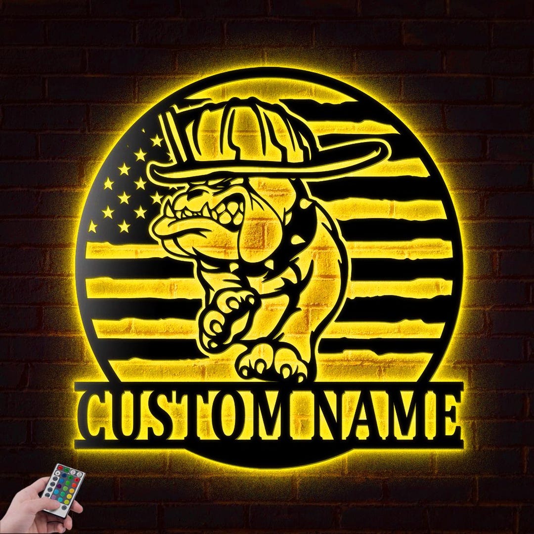 Custom US Firefighter Bulldog Metal Wall Art With LED Light ...