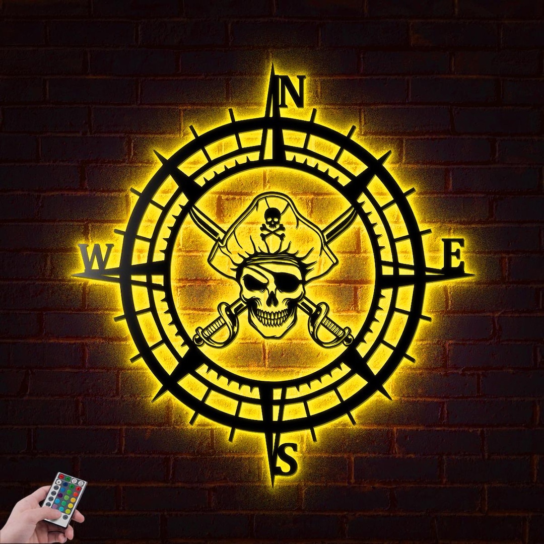 Pirate Skull Compass Metal Wall Art LED Light Pirate Skull Metal Sign ...