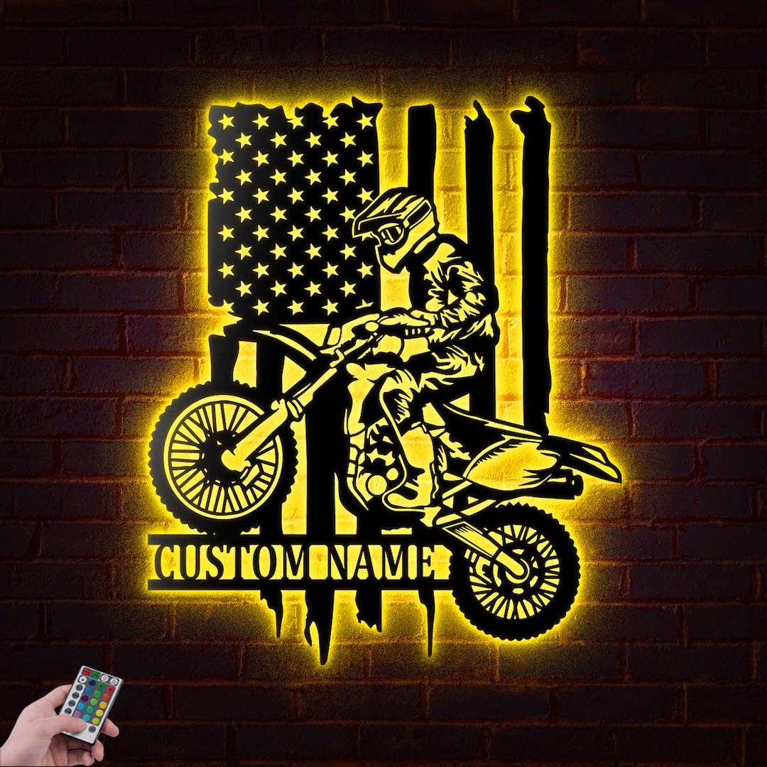Custom US Biker Rider Wall Art With LED Lights Personalized Motorbike ...